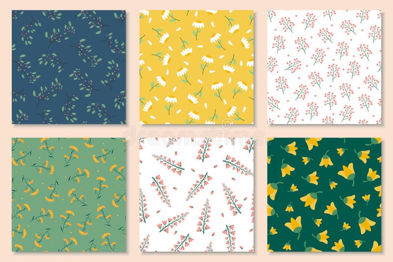 Collection of Colorful Seamless Floral Patterns - Hand Drawn Design ...