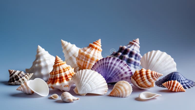 Collection of Colorful Seashells on Blue Background Stock Image - Image ...