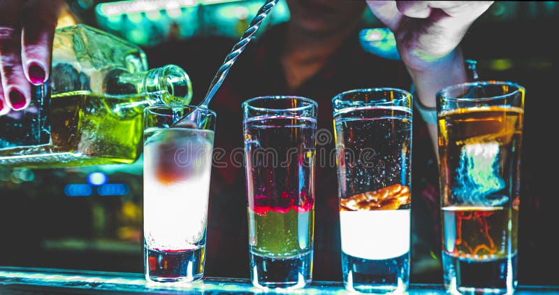 Collection of Colorful Shots. Set of Cocktails at the Bar Stock Photo ...