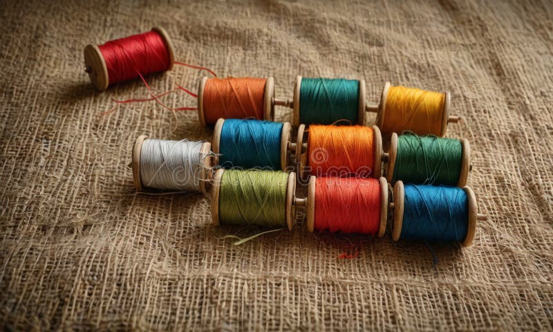 Collection Colorful Spools Thread Lies on Burlap Surface, with Single ...