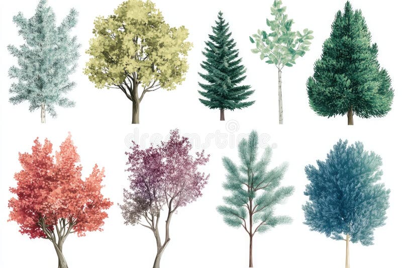 A Collection of Colorful Trees on a Plain White Background Stock Photo ...