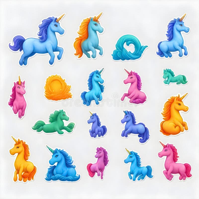 A Collection of Colorful Unicorns Set with Rainbow Color Stock ...
