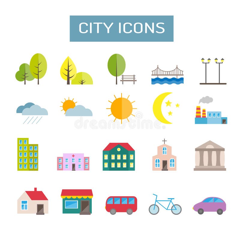 Collection of Colorful Vector Flat City Icons for Web, Print, Mobile ...