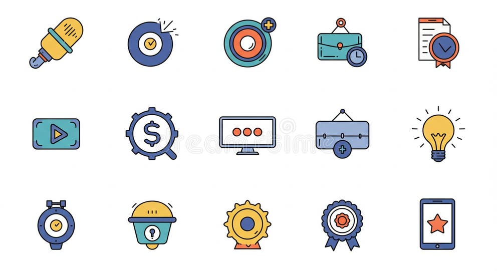 Collection of Colorful Vector Icons Arranged in a Grid. Icons Include a ...
