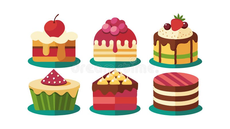 Colorful Vector Illustrations of Various Cakes with Different Toppings ...