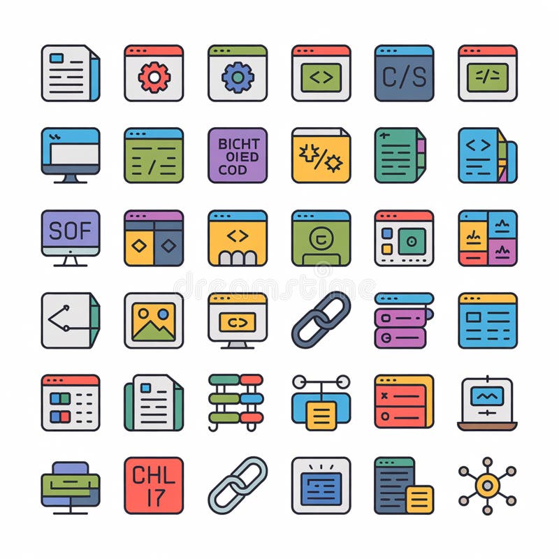 Collection of Colorful Web Development Icons Featuring Programming Code Browser Windows Link ...