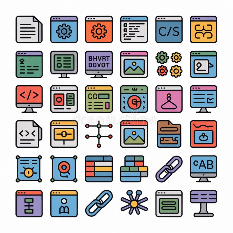 Collection of Colorful Web Development Icons Featuring Programming Code Browser Windows Network ...