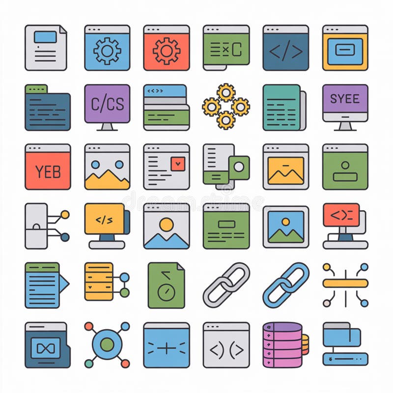 Collection of Colorful Web Development and Programming Icons Featuring Browser Windows Code ...