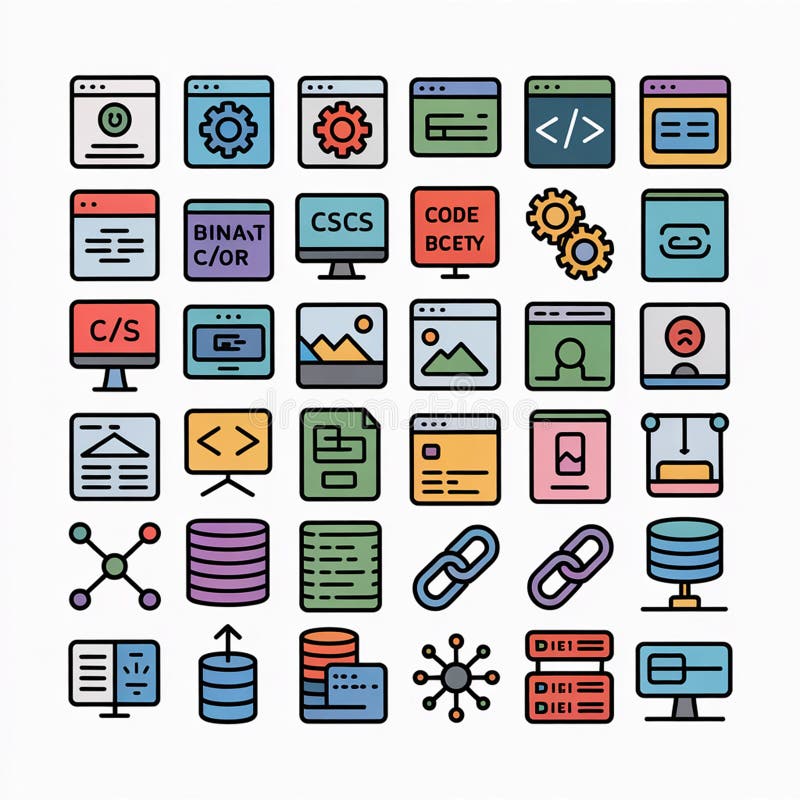 Collection of Colorful Web Development and Programming Icons Featuring Browser Windows Database ...