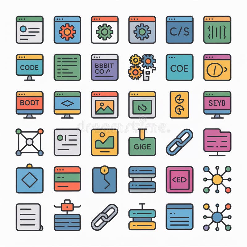 Collection of Colorful Web Development and Programming Icons Featuring ...