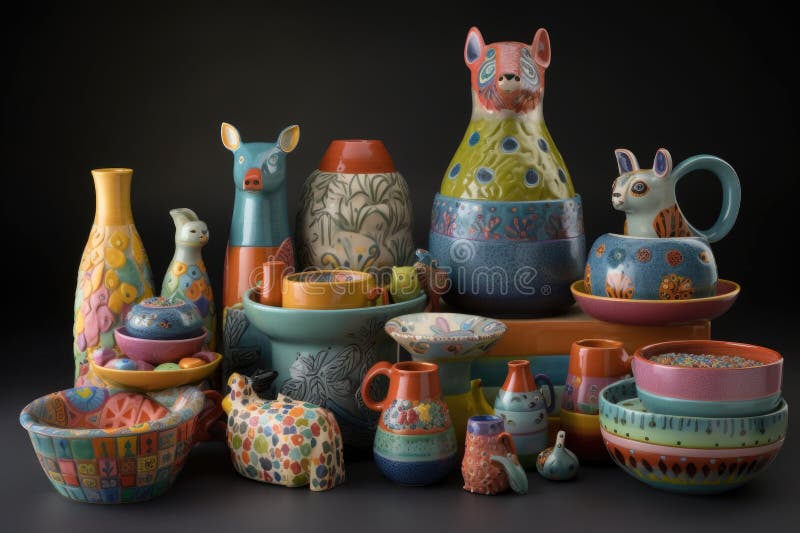 Collection of Colorful and Whimsical Pottery Pieces Stock Illustration ...