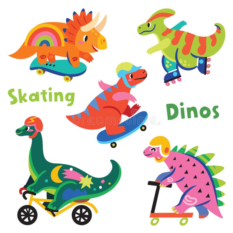 Collection with Colourful Cartoon Dinosaurs Ride on Skates, Rollers and ...