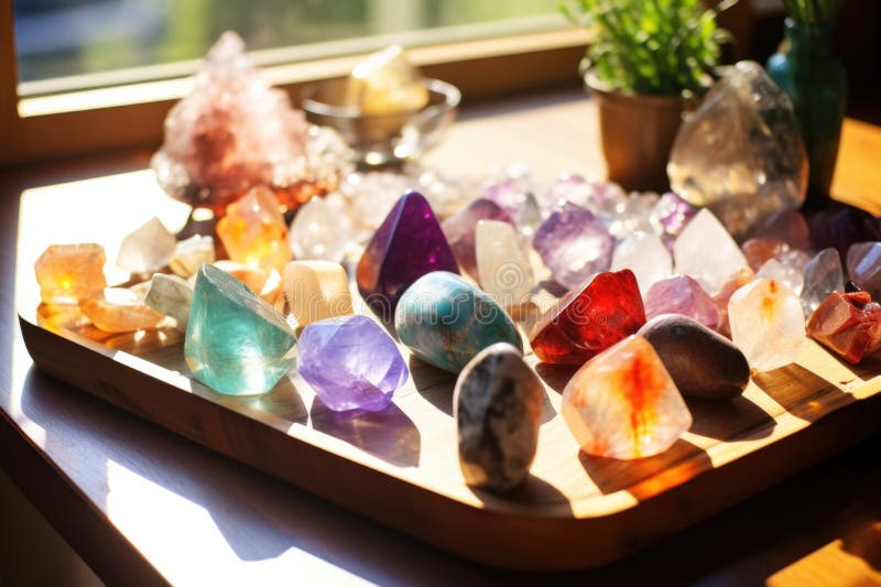 Collection of Colourful Healing Crystals on Sunlit Table Stock Image ...