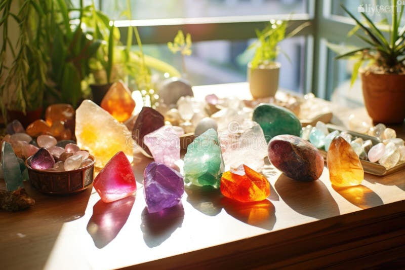 Collection of Colourful Healing Crystals on Sunlit Table Stock Image ...