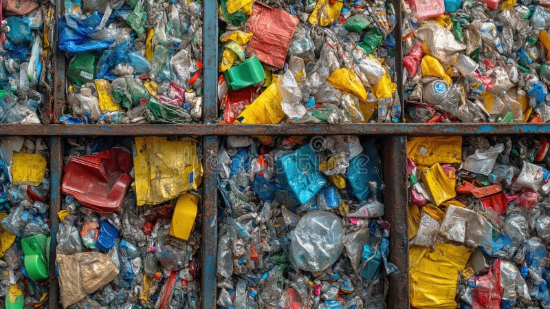 A Collection of Compressed Plastic Waste in Various Colors, Stacked in ...