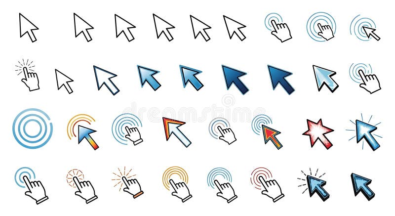 A Collection of Computer Cursor Icons. the First Row Features Simple Arrow Pointers Stock ...