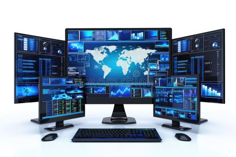 A Collection of Computer Screens Displaying a World Map Stock Photo ...