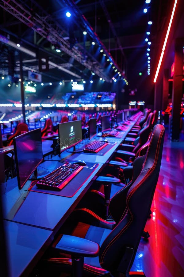 Row of computers on desk stock image. Image of desktop - 374637451