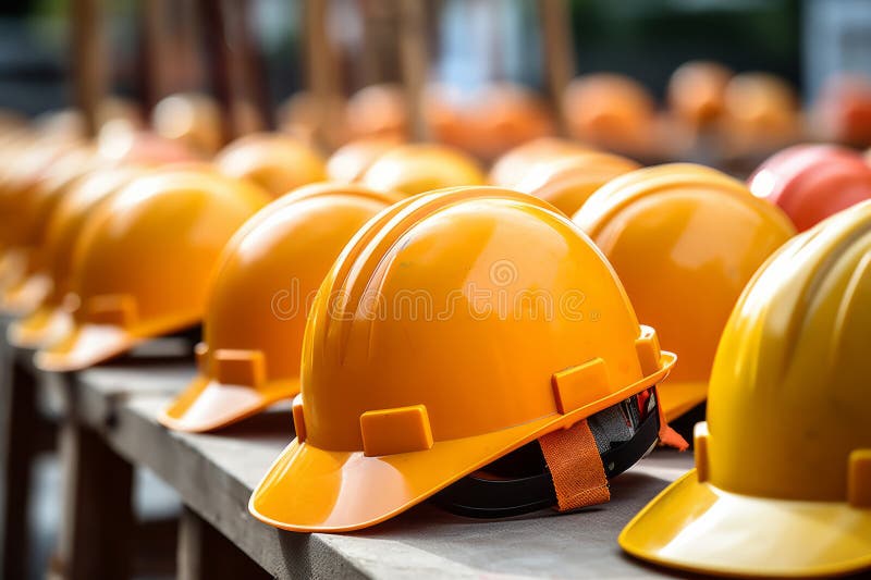 A Collection of Construction Hard Hats on a Building Site Stock ...