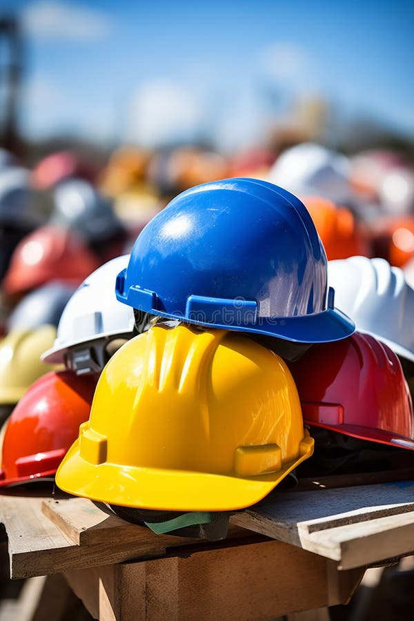 A Collection of Construction Hard Hats on a Building Site Stock ...