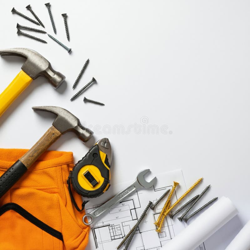A Collection of Construction Tools and Materials is Arranged on a White ...