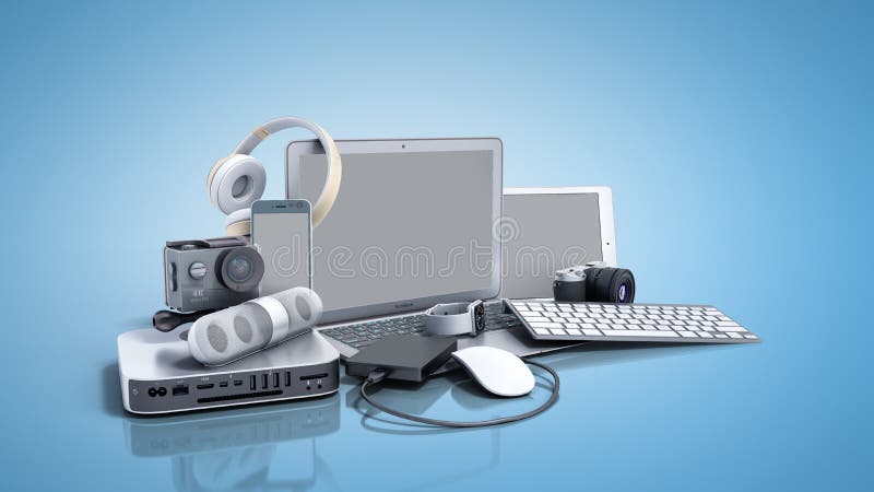 Collection of Consumer Electronics 3D Render on Blue Background Stock ...