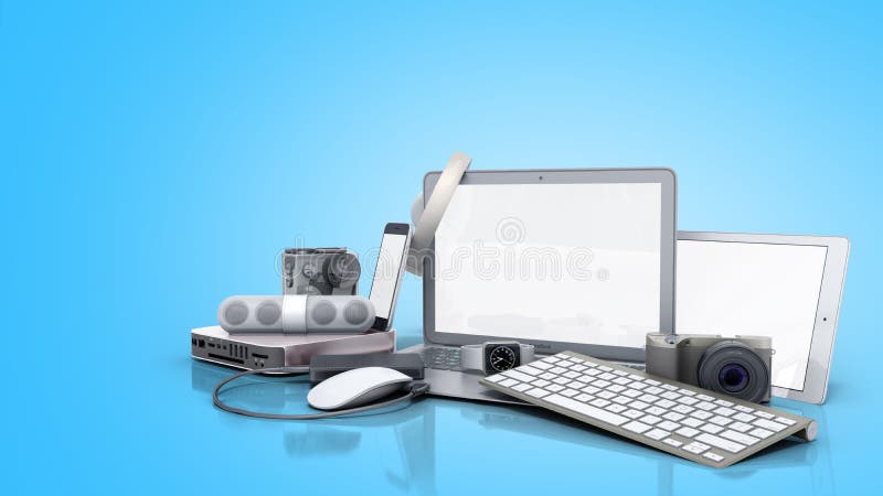 Collection of Consumer Electronics 3D Render on Sale Background Stock ...