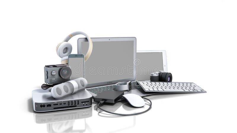 Collection of Consumer Electronics 3D Render on White Background Stock ...