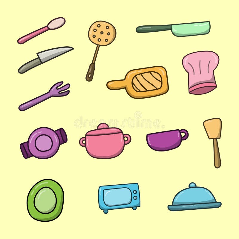 Cooking Set Hand Drawn Sticker. Cooking Equipment. Stock Vector ...