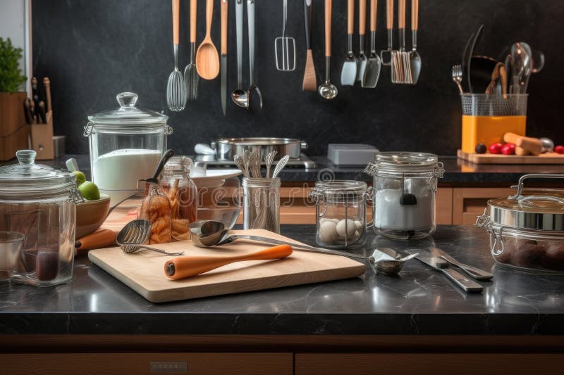 A Collection of Cooking Tools and Spices in a Modern Kitchen Setting ...