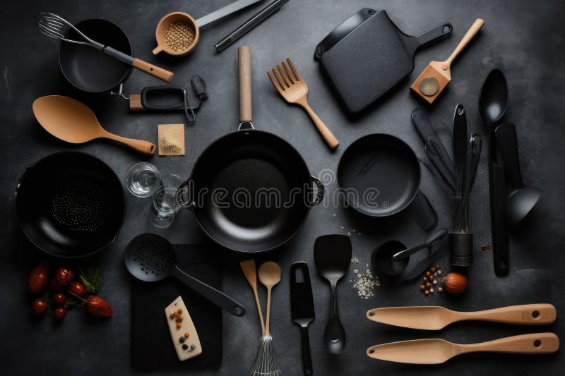 A Collection of Cooking Utensils, Arranged in a Minimalist Flatlay ...