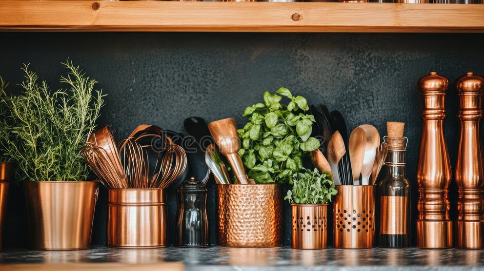 A Collection of Copper Pots and Utensils Arranged on a Kitchen Counter ...