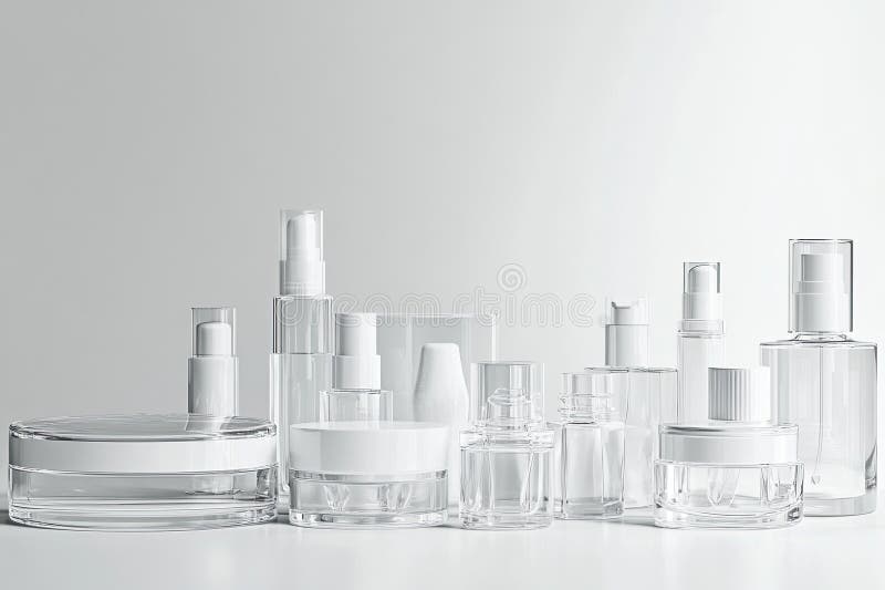 Plastic and Glass Cosmetic Containers in a Row, Minimalistic Packaging ...