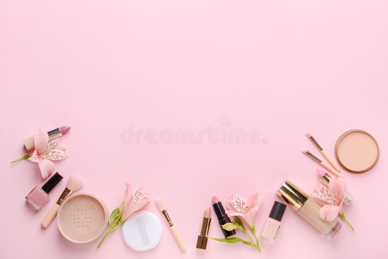 Set of Decorative Cosmetics on Color Background Stock Photo - Image of ...