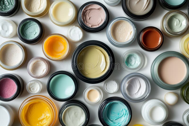 Various Colorful Cream Jars Arranged Neatly on a Flat Surface ...