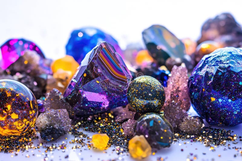 A Collection of Crystals in Various Colors Arranged on a White ...