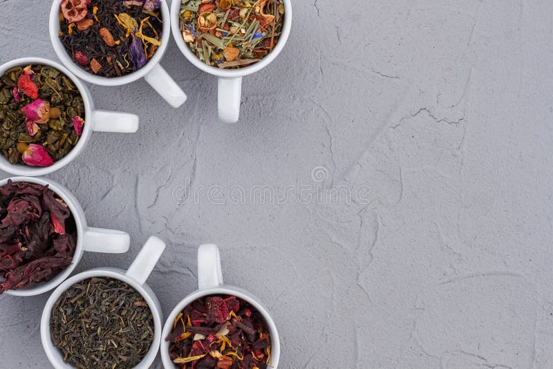 Collection of Cups with Dry Tea, Copy Space. Stock Photo - Image of ...