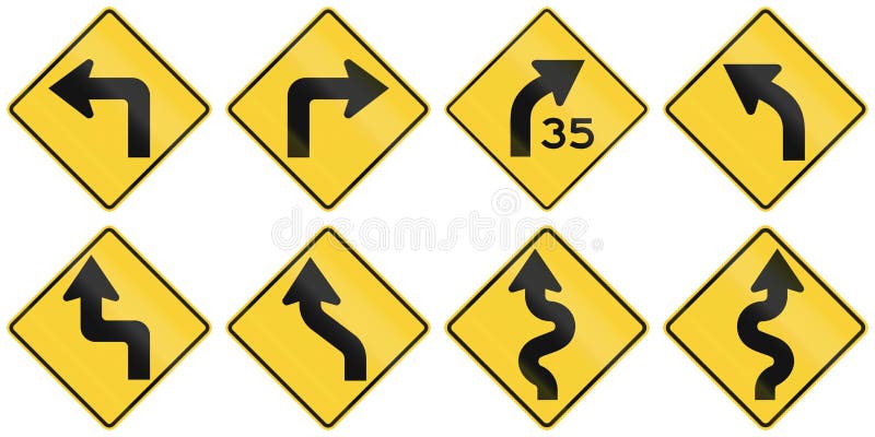 Collection of Curve Warning Signs Used in the USA Stock Illustration ...