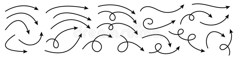 Collection of Curved Arrows. Set Simple Curved Hand Drawn Arrows ...