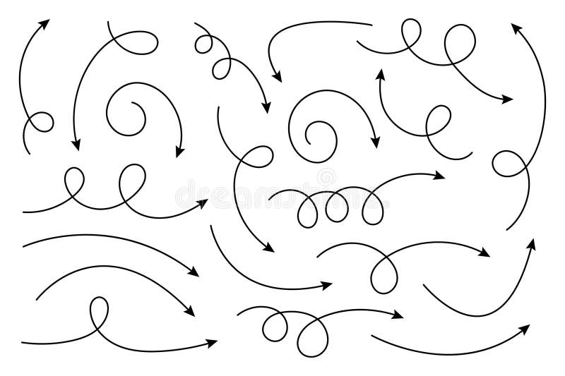 Collection of Curved Arrows. Set Simple Curved Hand Drawn Arrows ...