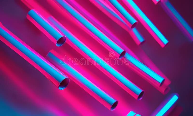 Collection Curved Metallic Rods, Illuminated by Gradient Blue and Pink ...