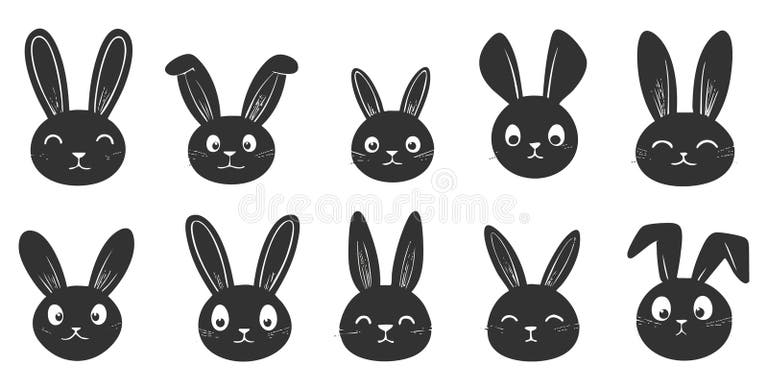 Collection of Cute Black and White Bunny Faces with Various Expressions ...
