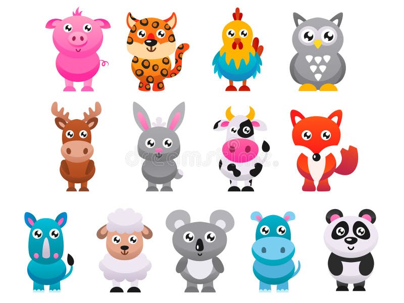 Collection of Cute Cartoon Animals. Vector Flat Illustration Stock ...