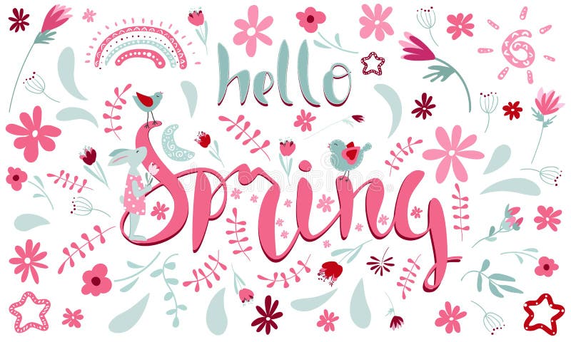 Collection of Cute Cartoon Characters and Spring Decorative Elements on ...