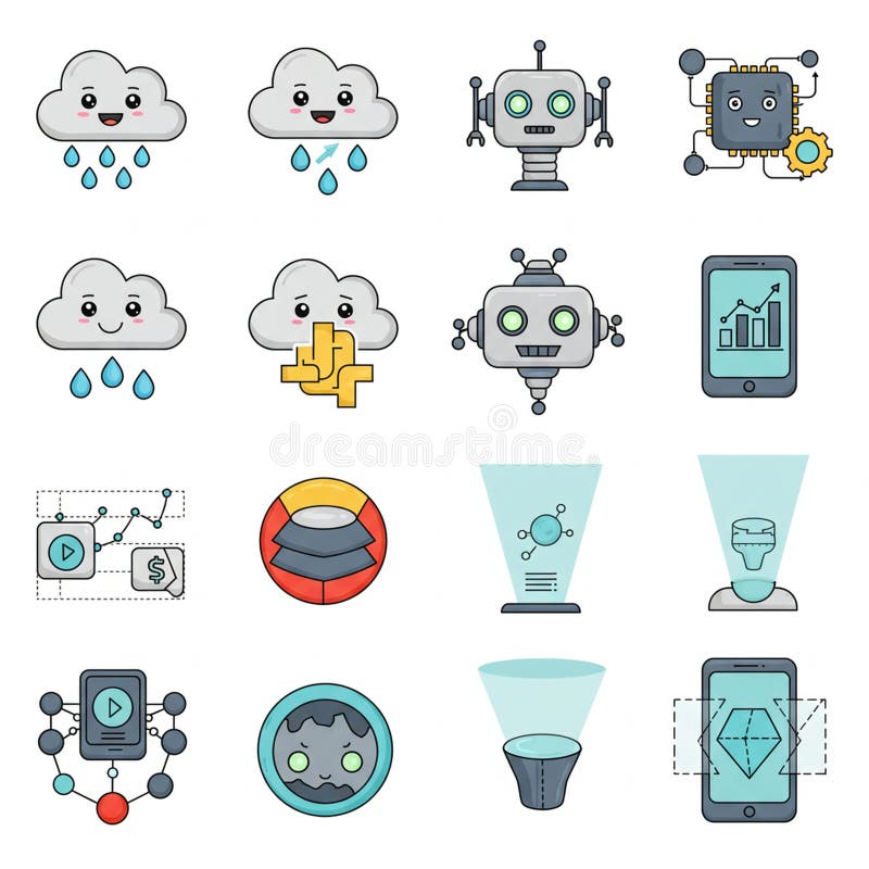 Collection of Cute, Cartoon-style Icons Featuring Clouds, Robots, and ...