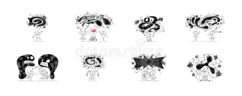 Collection of Cute Drawings about Negative Emotions. Bundle of Vector ...