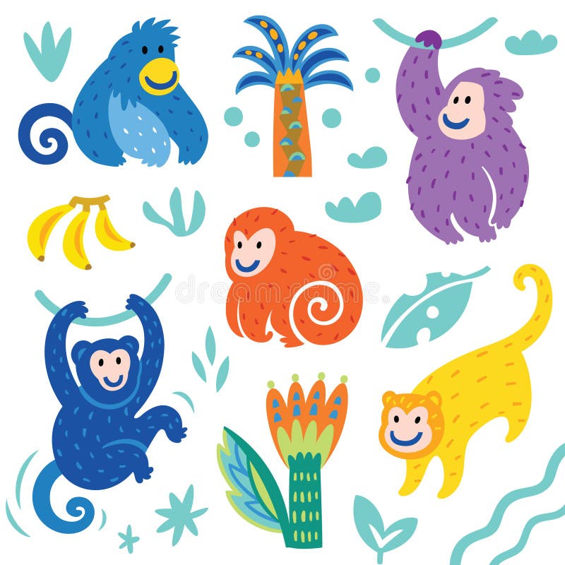 Collection of Cute Funny Monkeys and Palms Trees. Vector Illustration ...