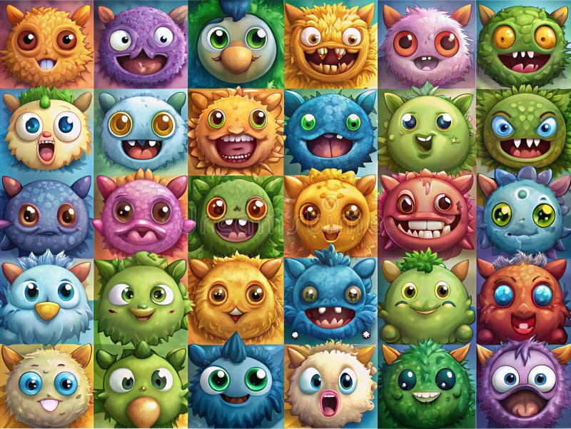 Collection of 25 Cute Monster Faces with Different Expressions Stock ...