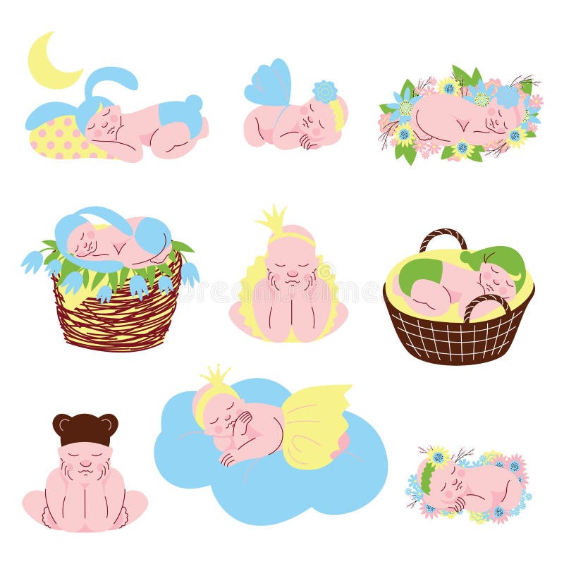 Collection of Cute Sleeping Newborn Babies Vector Illustration Stock ...