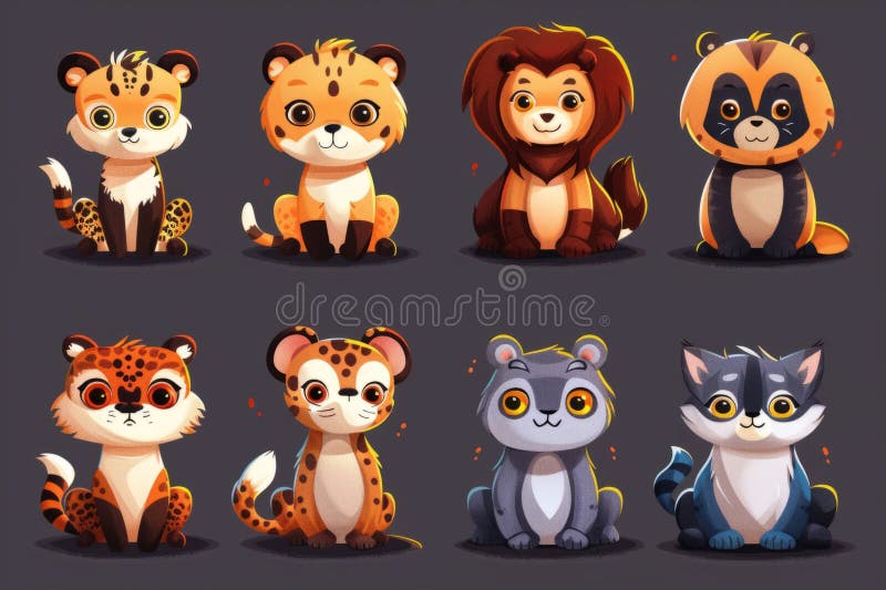 Collection of Cute Wild Animals Sitting on Dark Background Stock Photo ...